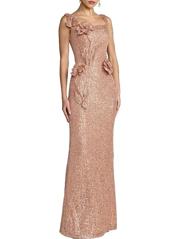 Mac Duggal Sleeveless Sequin Gown With 3d Floral Appliques - Copper