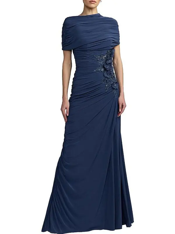 Mac Duggal Embellished Jersey Draped Column Gown - Sapphire