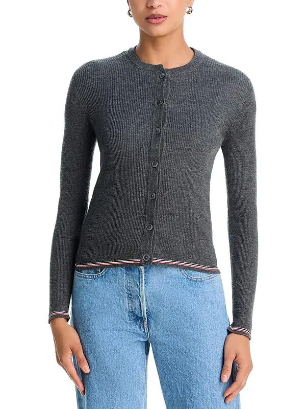 Thom Browne Ribbed Striped Edge Wool Cardigan - Medium Grey