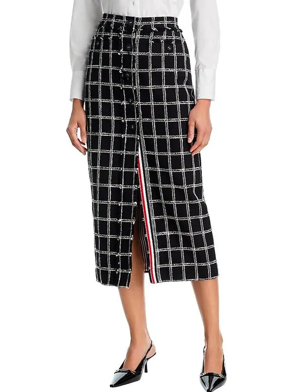 Thom Browne Windowpane Houndstooth Tweed High Waisted Button Front Skirt - Black