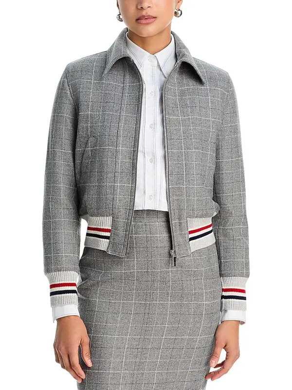 Thom Browne Down-filled Windowpane Tweed Cropped Flight Jacket - Medium Grey