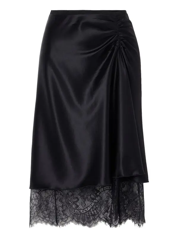 SIR. Ingrid Lace-trimmed Ruched Satin Midi Skirt - Black