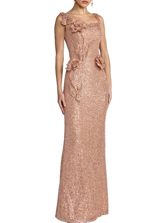 Mac Duggal Sleeveless Sequin Column Gown With 3d Floral Appliqués - Copper