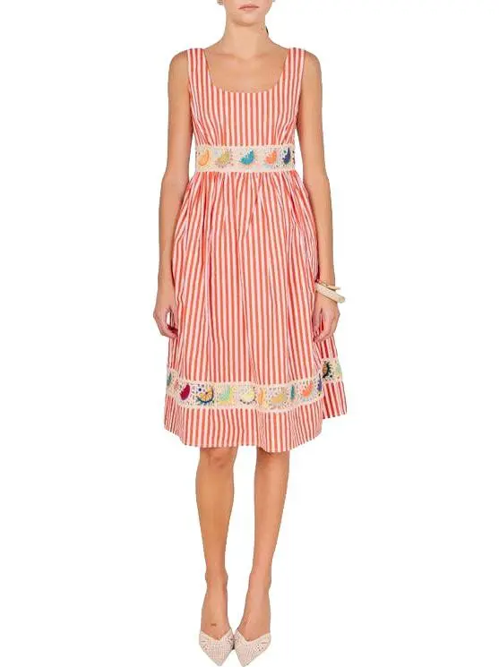 English Factory Sleeveless Striped Crochet Trim Dress - Orange Multi