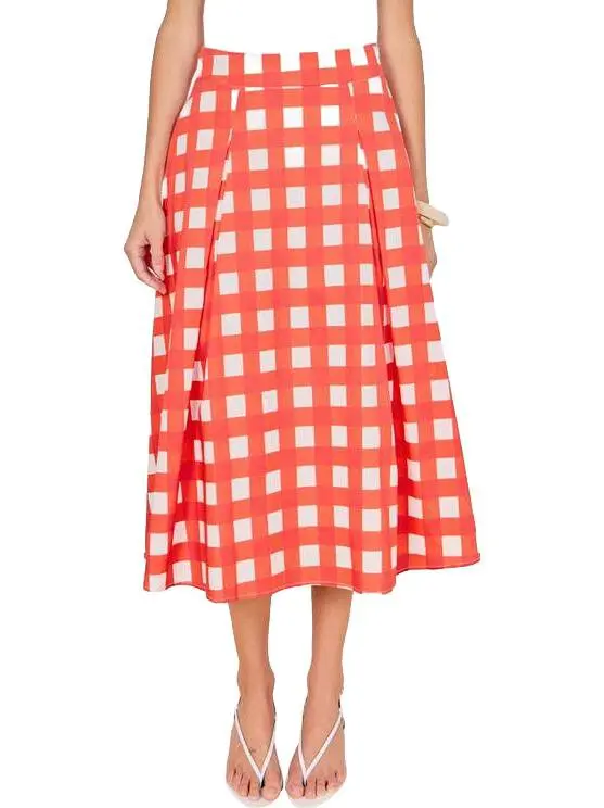 English Factory Plaid Pleated A-line Midi Skirt - Red