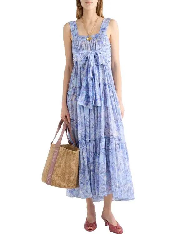 Chloé Floral Tiered Cotton Voile Maxi Dress - Multicolor Blue 1