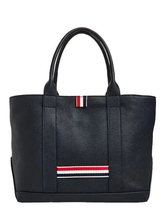 Thom Browne Small Pebble Leather Tote With Tricolor Stripe Detail - Navy