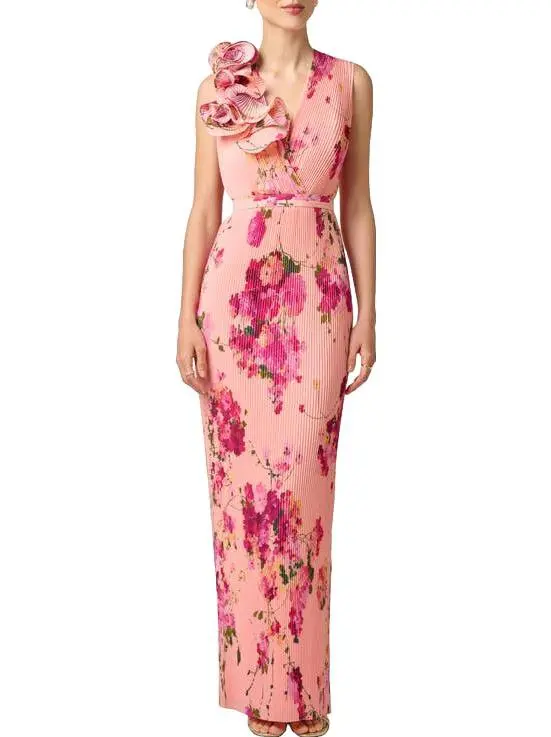 Aidan Mattox Sleeveless Floral Print Plissé Gown - Pink Multi