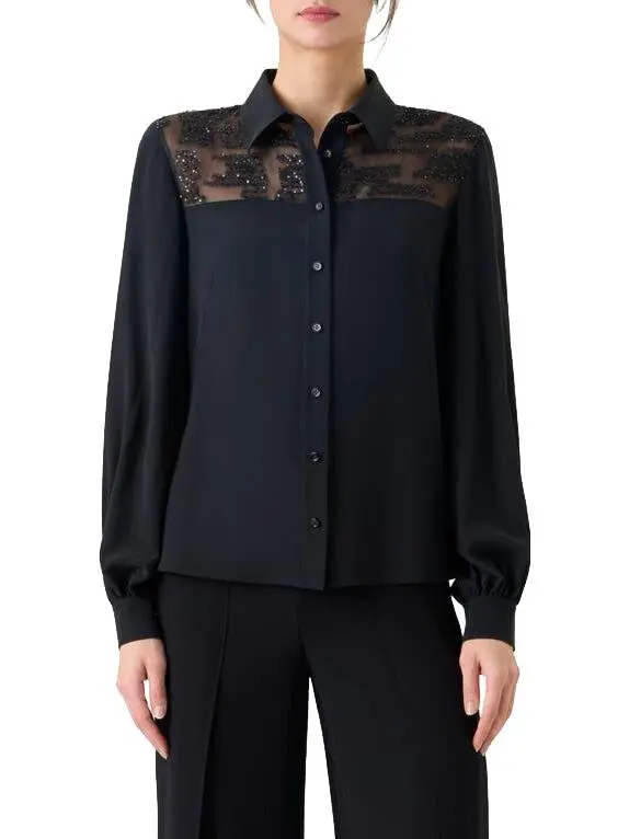 Akris Sequin Yoke Silk Crepe Shirt - Black