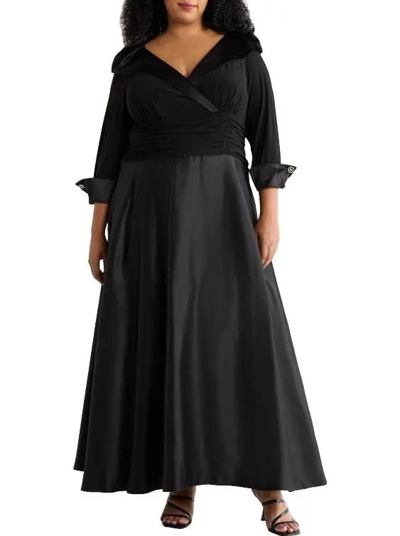 JESSICA HOWARD Rhinestone Button Mixed Media Gown - Black