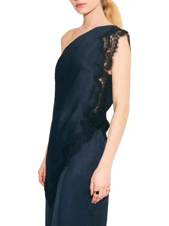 Mango Lace Trim One-shoulder Satin Top - Blue