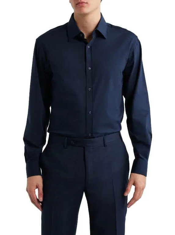 DANIEL HECHTER Modern Fit Solid Knit Cotton Dress Shirt - Navy