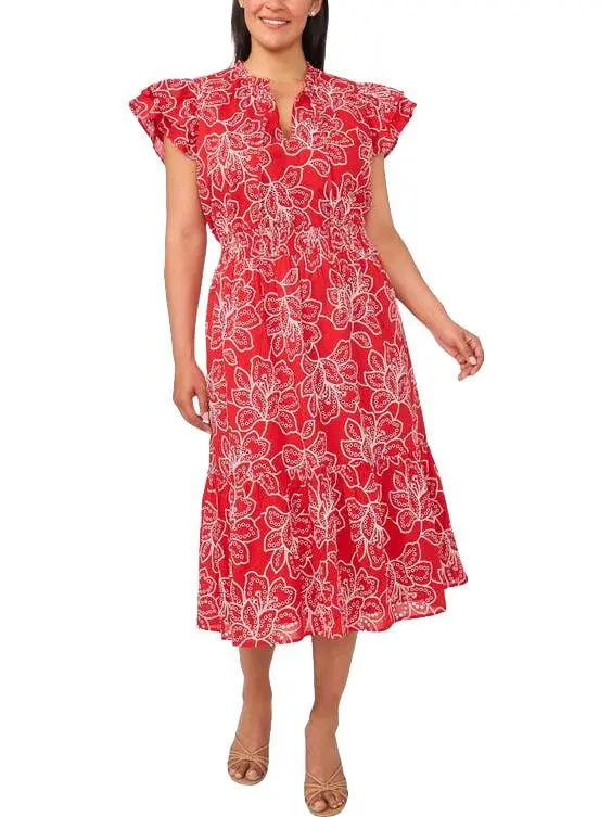 CECE DUPRAZ Floral Eyelet Lace Midi Dress - Classic Cherry