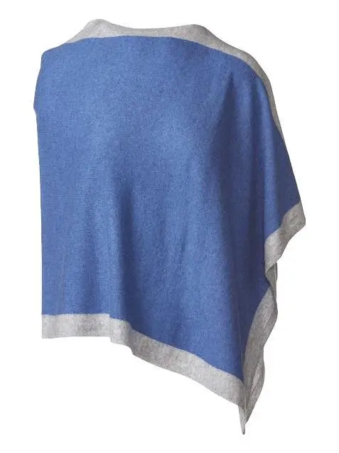 Kinross Cashmere Contrast Border Poncho - Indigo