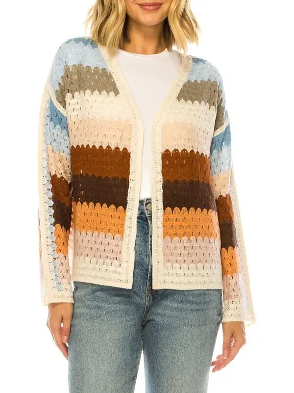 A COLLECTIVE STORY Stripe Crochet Open Front Cardigan - Natural