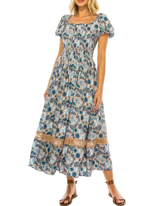 A COLLECTIVE STORY Floral Print Maxi Dress With Smocked Waist And Lace Trim - Hazelnut