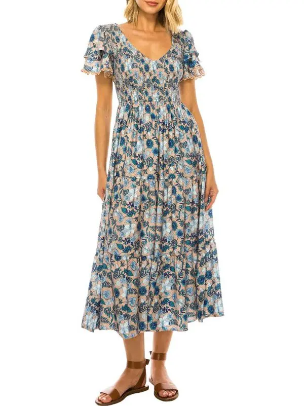 A COLLECTIVE STORY Floral Print Flutter Sleeve V-neck Midi Dress - Hazelnut