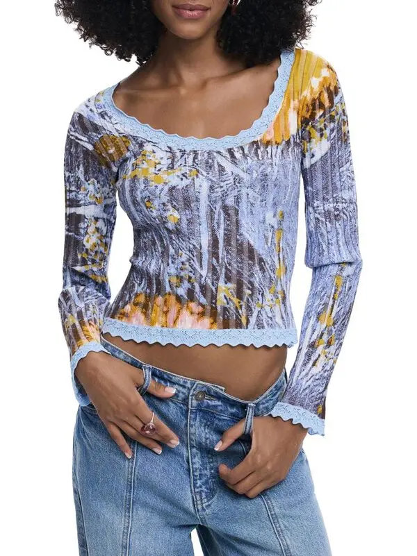 Desigual Abstract Print Rib Knit Top With Lace Trim - Blue