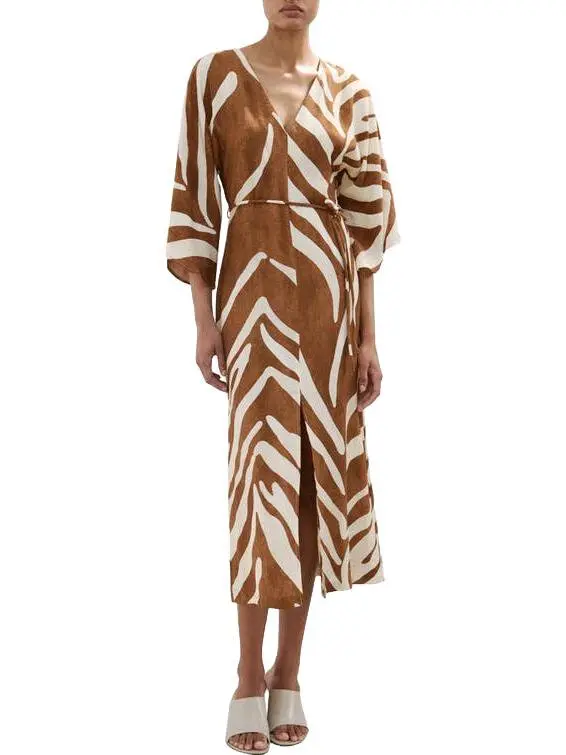 Mango Print Tie Waist Midi Dress - Brown