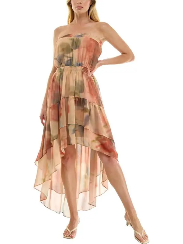 SOCIALITE Abstract Print Strapless High-low Tiered Midi Dress - Rust/brown