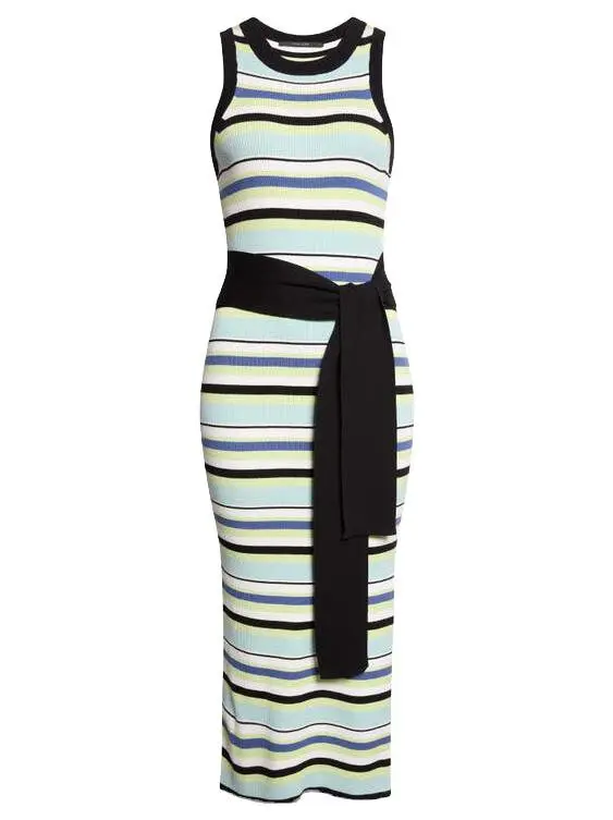 TOCCIN Sleeveless Striped Ribbed Midi Dress With Sash - Ocean/keylime Multi