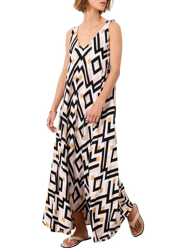 Mint Velvet Monaco Geo Print Maxi Dress With V-neckline And Tie Shoulders - Black