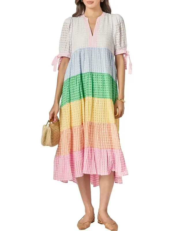 English Factory Striped Midi Dress With Puff Sleeves - Multi
