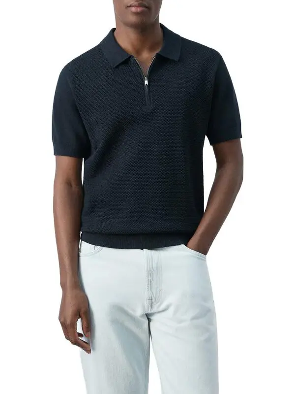 Mango Solid Cotton Waffle Zip Polo Sweater - Navy