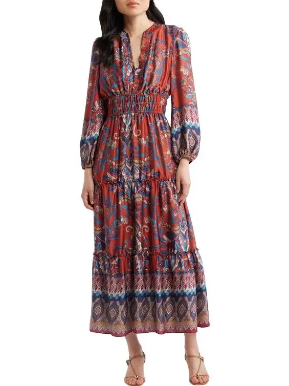 Julia Jordan Paisley Floral Long Sleeve Tiered Dress - Rust Multi
