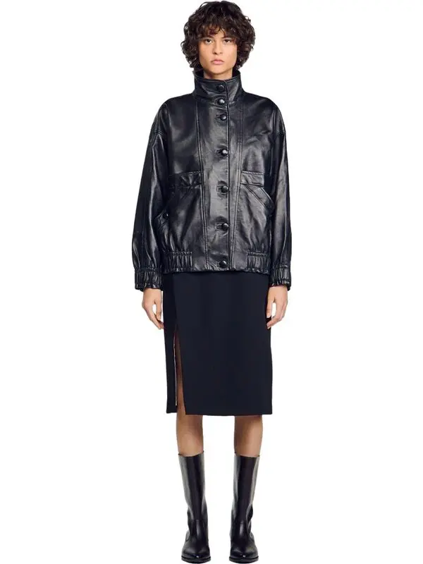 Sandro Oversized Leather Jacket With Cutouts - Black