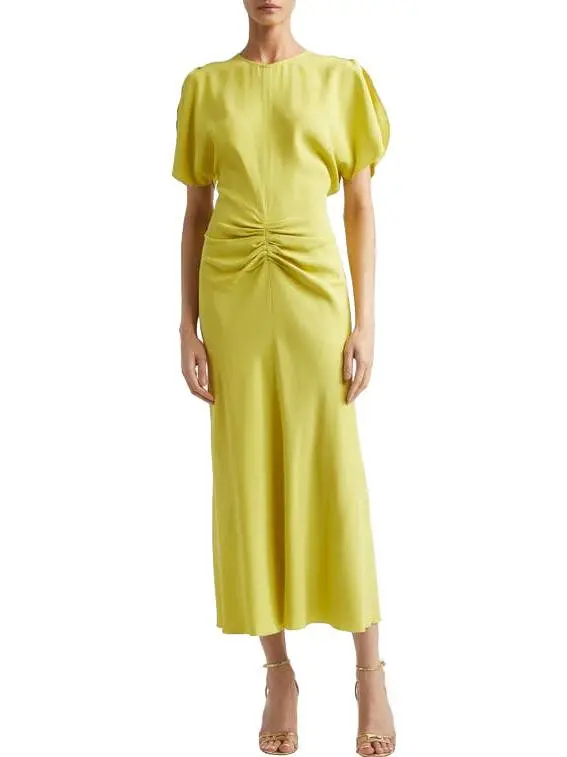 Victoria Beckham Bela Ruched Midi Dress - Chartreuse