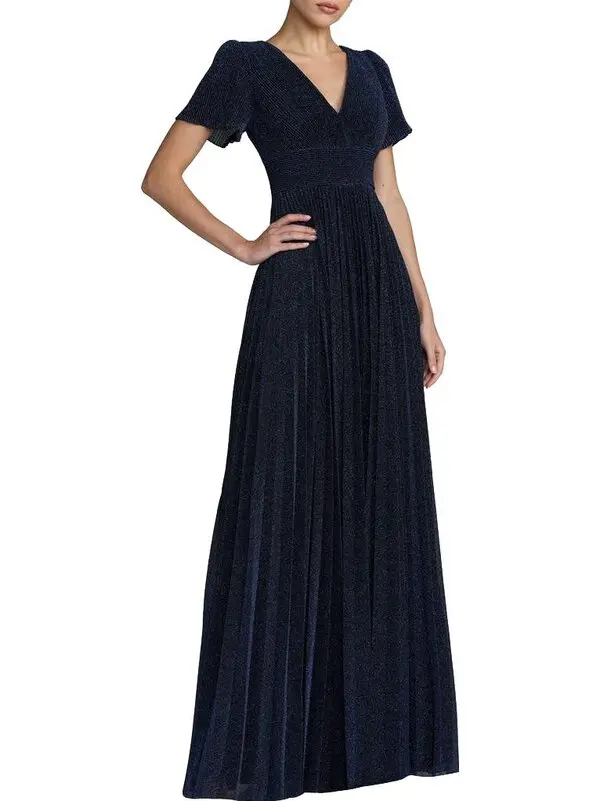 Mac Duggal Pleated Metallic Flutter Sleeve A-line Gown - Midnight
