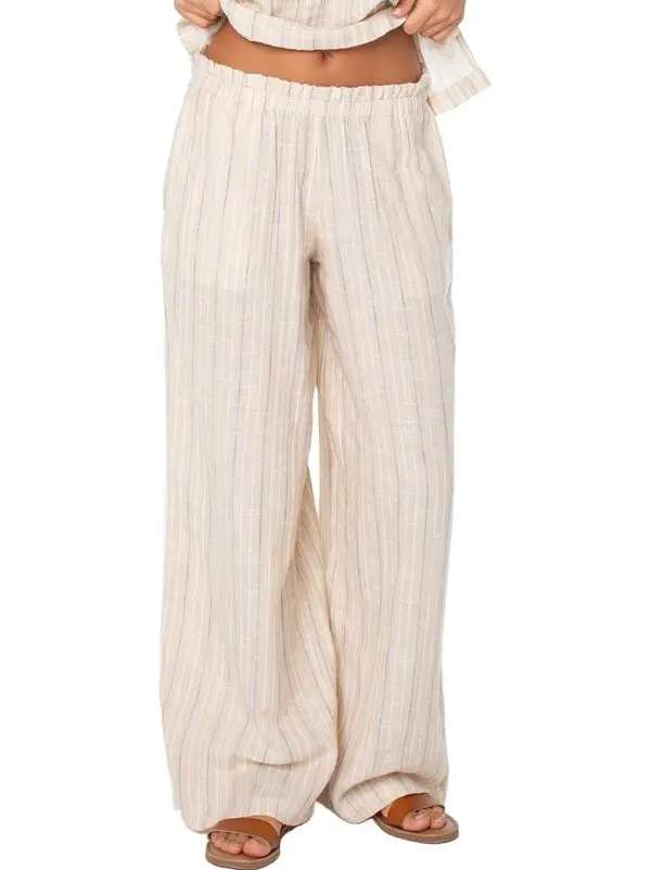 Roxy Offshore Stripe Wide Leg Cotton Pants - Doeskin