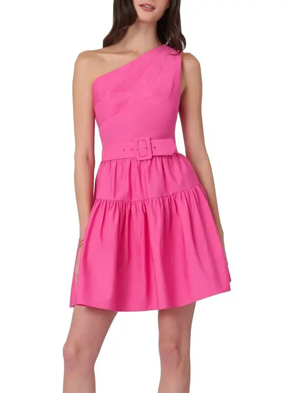 Shoshanna Cotton Faille Asymmetrical Neckline Mini Dress - Fuchsia