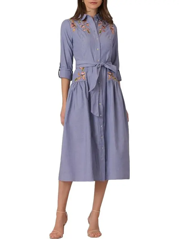 Shoshanna Embroidered Pinstripe Midi Shirt Dress - Lapis Multi