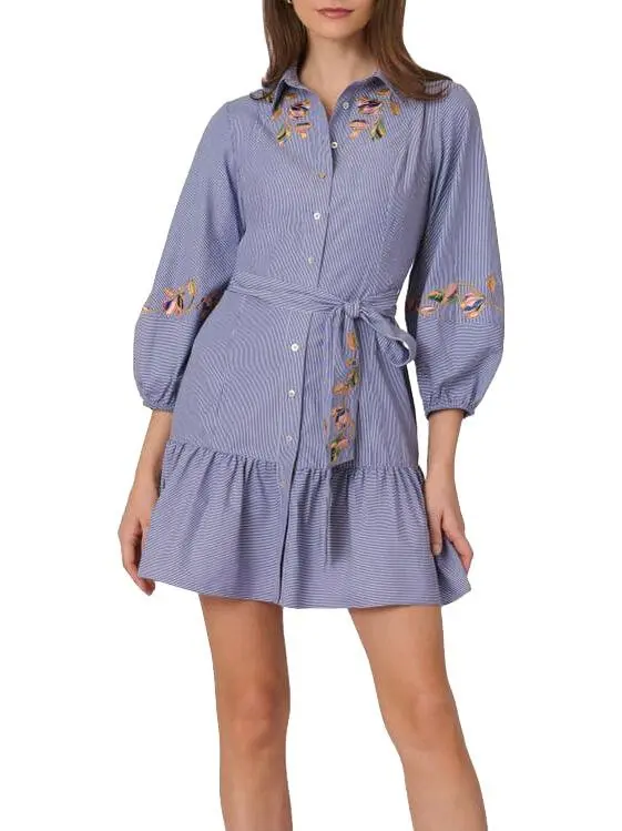 Shoshanna Embroidered Pinstripe Shirt Dress - Lapis Multi