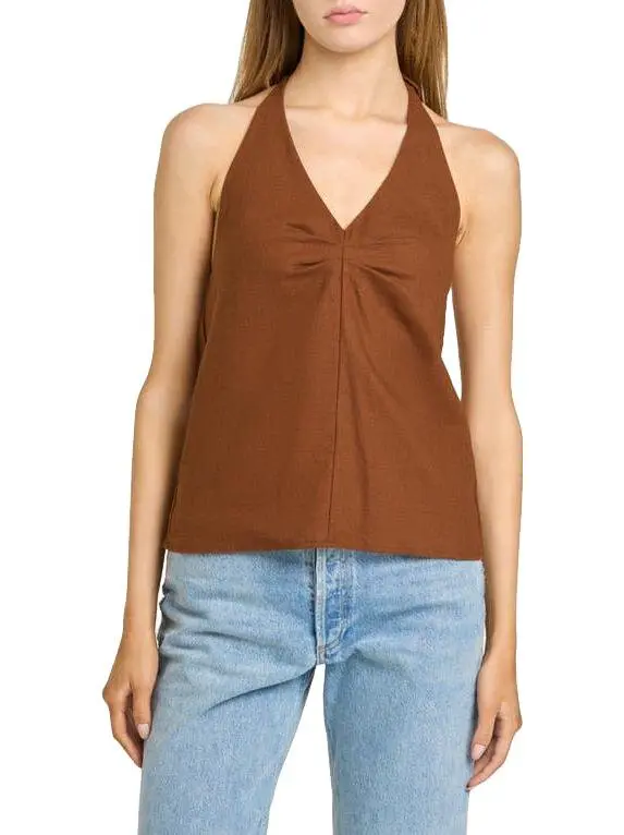 WAYF Kaia Linen Blend Halter Top - Chocolate