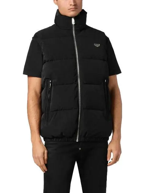 Philipp Plein Quilted Nylon Down Vest With High Collar - Black