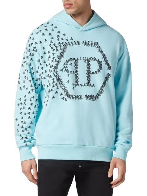 Philipp Plein Skull & Bones Cotton Fleece Hoodie - Lightblue