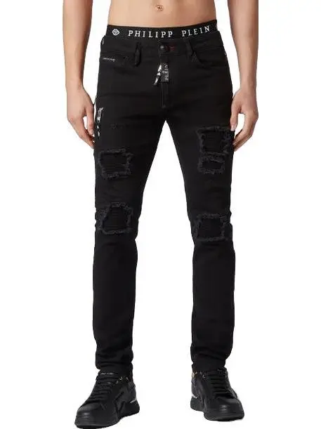 Philipp Plein Super Straight Cut Distressed Denim Trousers - Deepblack
