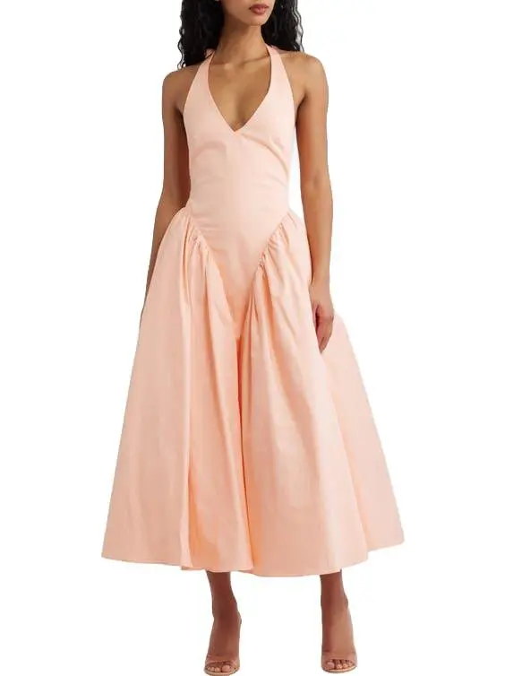 House Of Cb Marilyn Halter Neck Stretch Cotton Midi Sundress - Peach