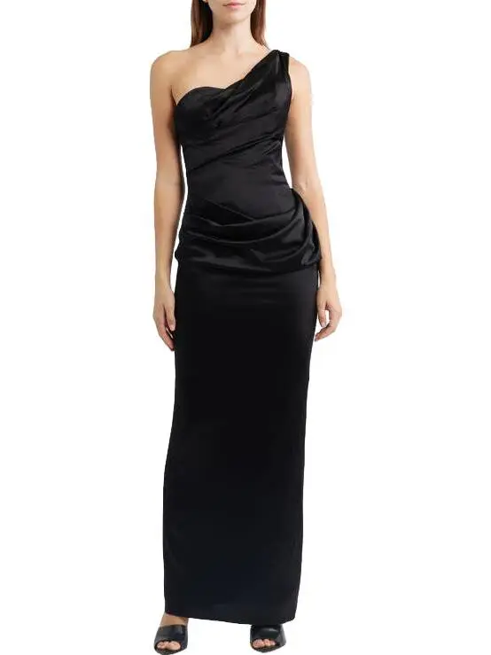 House Of Cb Caprice One-shoulder Satin Gown - Black