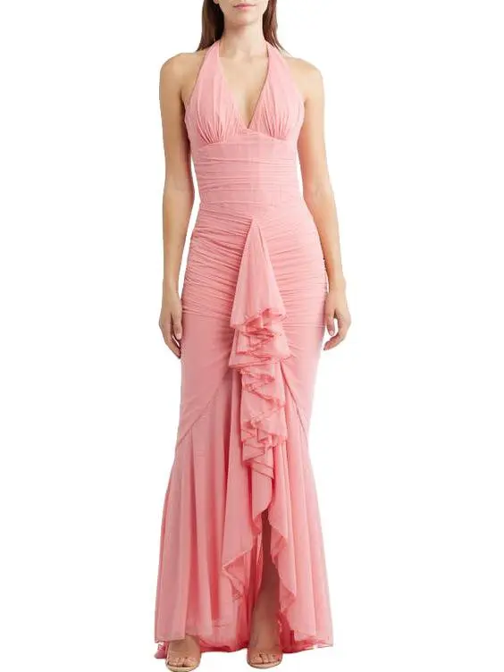 House Of Cb Carmine Mesh Halter Neck Waterfall Gown - Raspberry