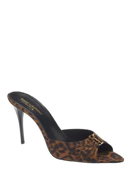 Saint Laurent Leopard Print Cassandre Slide Sandals - Coffee