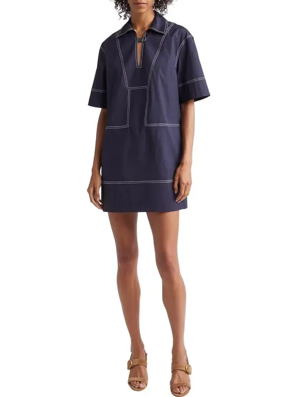 Veronica Beard Phelix Poplin Shift Minidress With Contrast Stitching - Navy