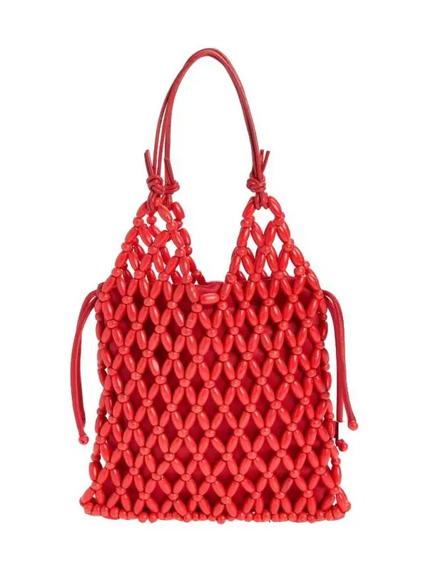 Staud Karla Wood Beaded Shoulder Bag - Red Rose