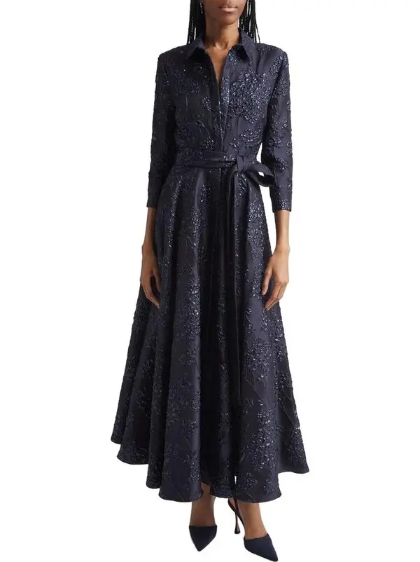 Carolina Herrera Metallic Floral Jacquard Trench Dress - Midnight