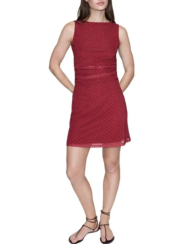 Mango Sleeveless Dot Print Ruched Tulle Minidress - Red