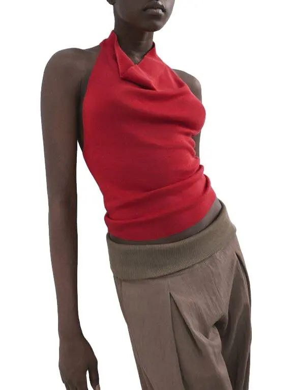 Mango Halter Neck Knit Top With Open Back - Red