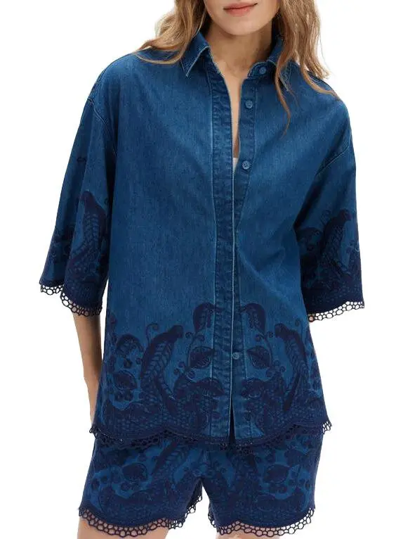 BAYEAS Embroidered Denim Shirt - Darktide